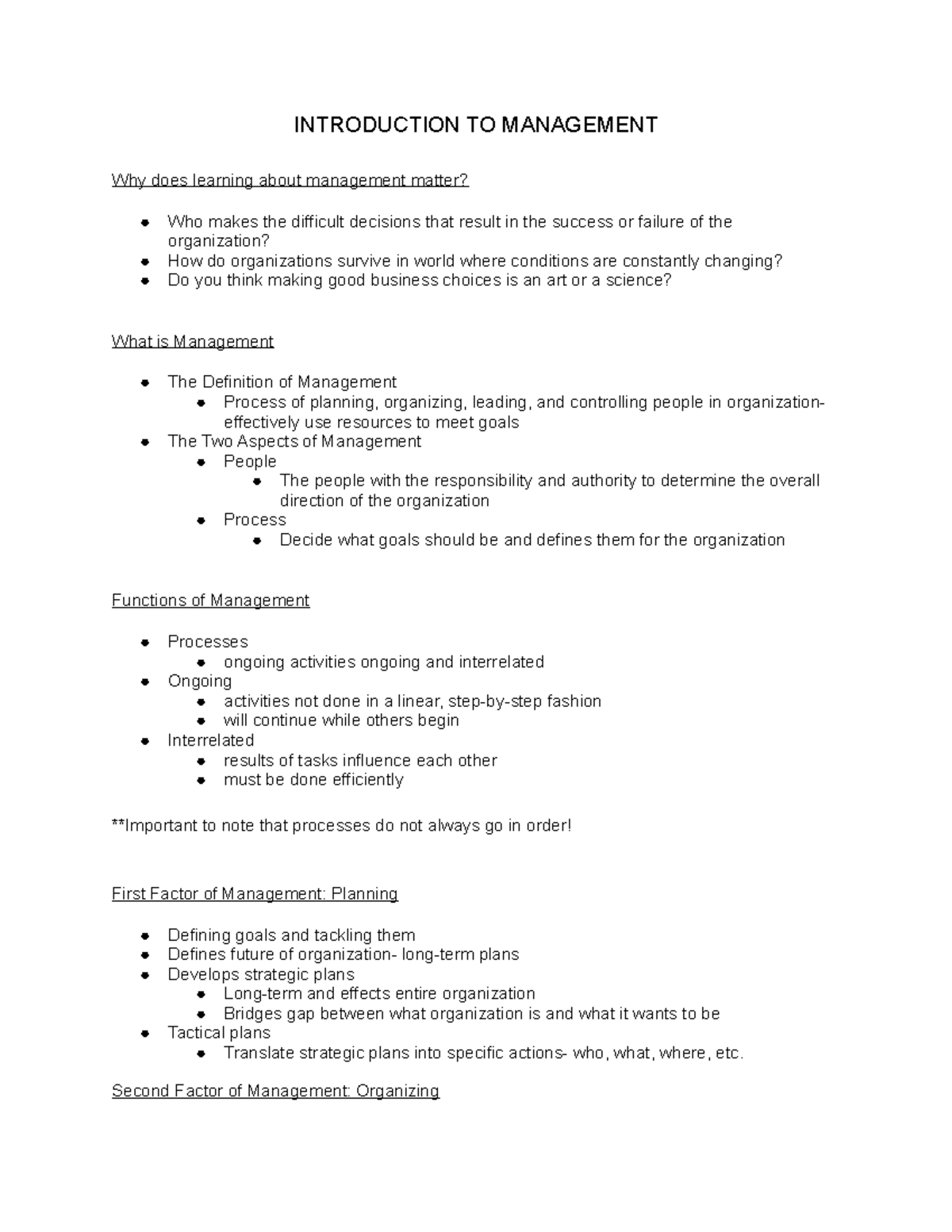 BUS 200 Notes Intro to Management Part 1 - INTRODUCTION TO MANAGEMENT ...