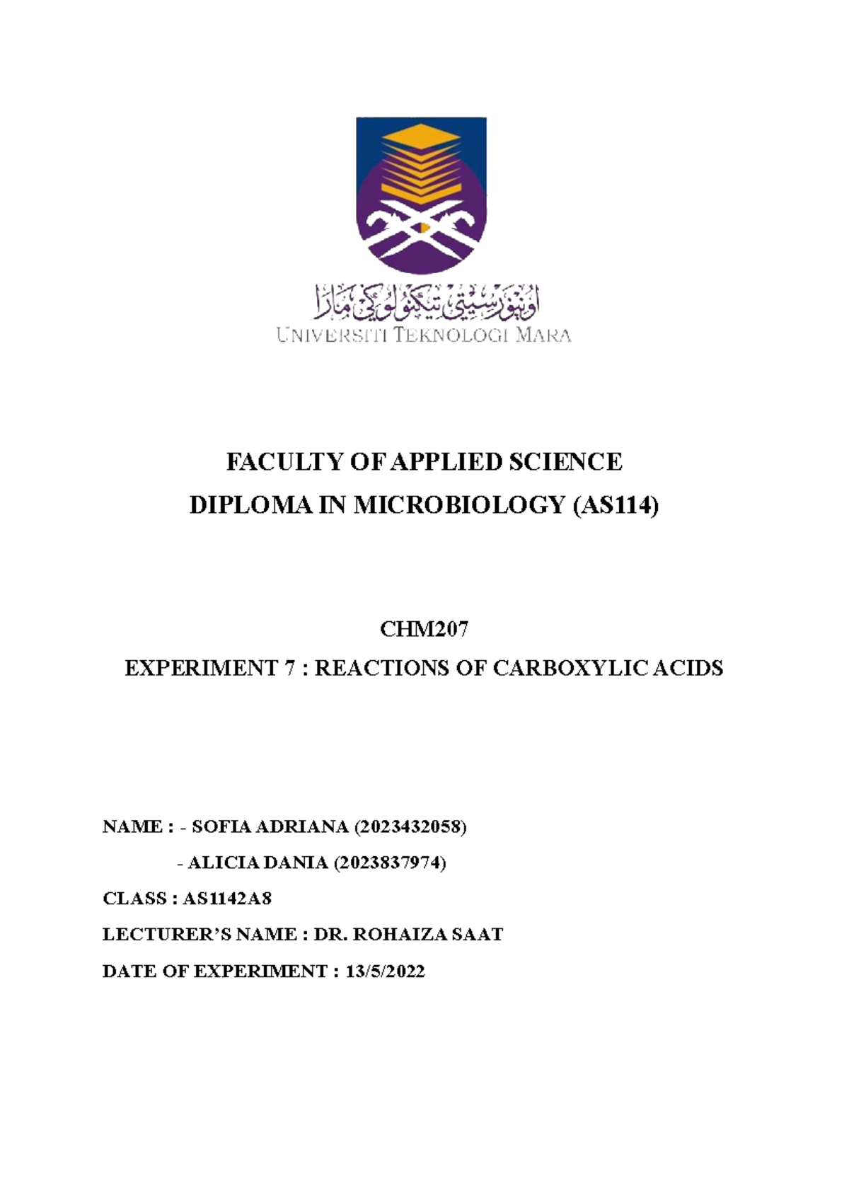 Lab report front page - diploma in microbiology - FACULTY OF APPLIED ...