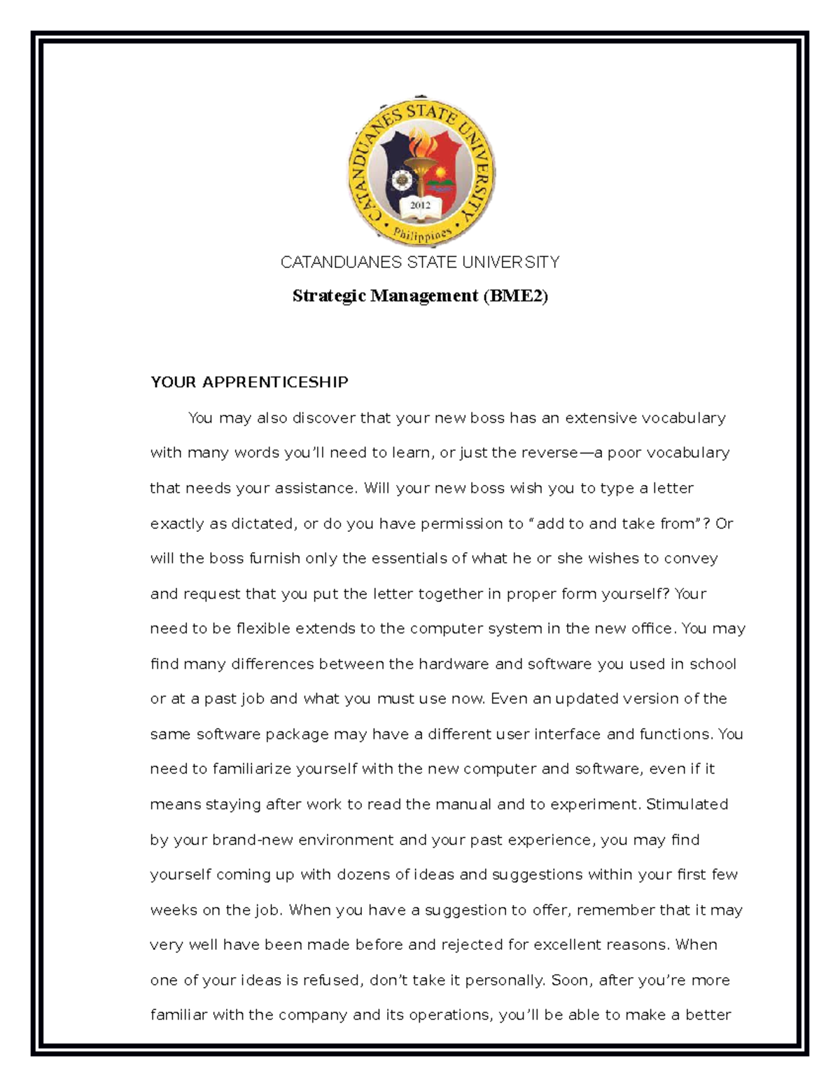 Strategic Management Interview TIPS; YOUR Apprenticeship - CATANDUANES ...