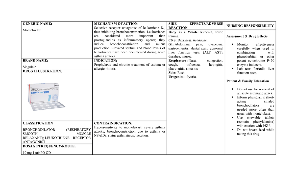 Montelukast Drug study - GENERIC NAME: Montelukast MECHANISM OF ACTION ...