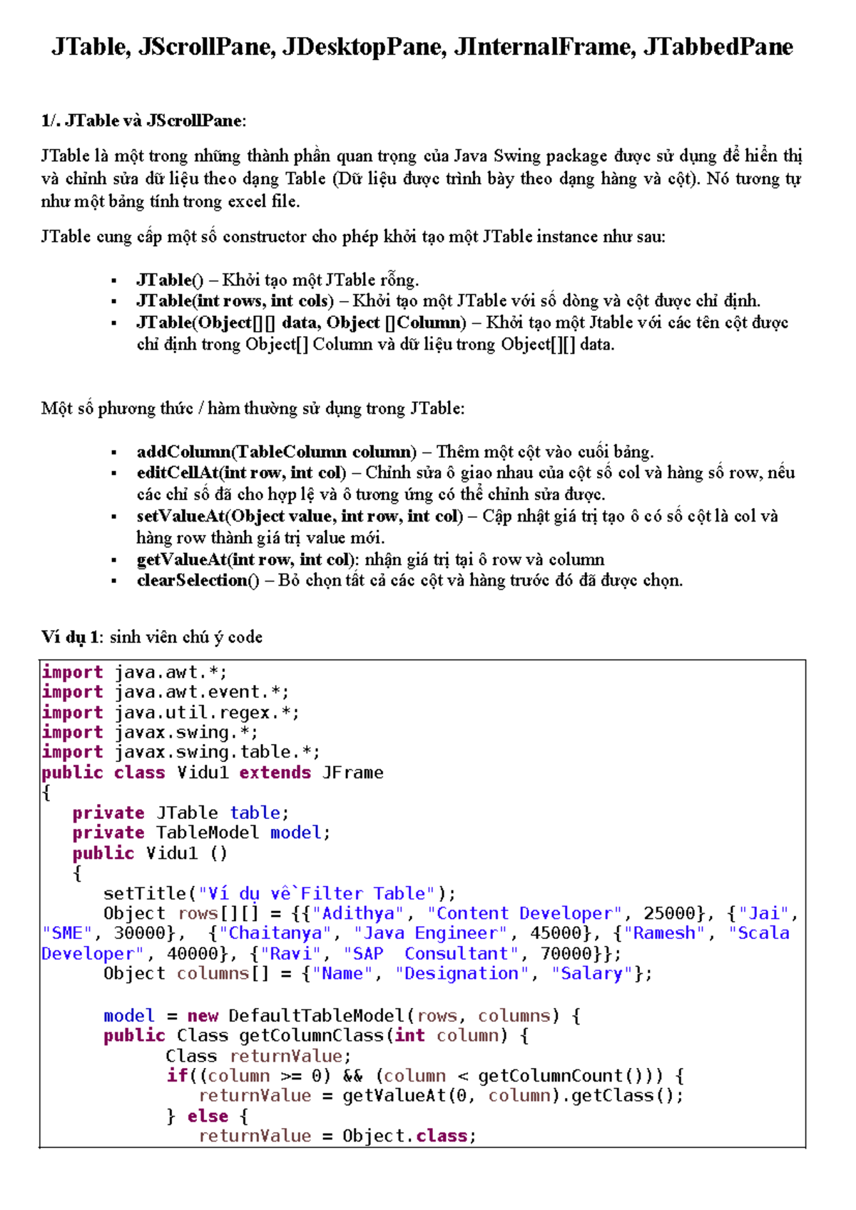Bai Giang 4 - áđâsd - JTable, JScrollPane, JDesktopPane, JInternalFrame, JTabbedPane 1/. JTable ...