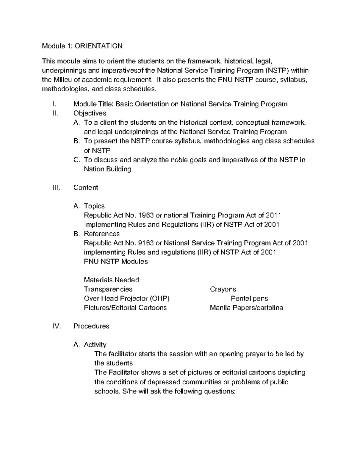 Orientation - Module 1: ORIENTATION This module aims to orient the ...