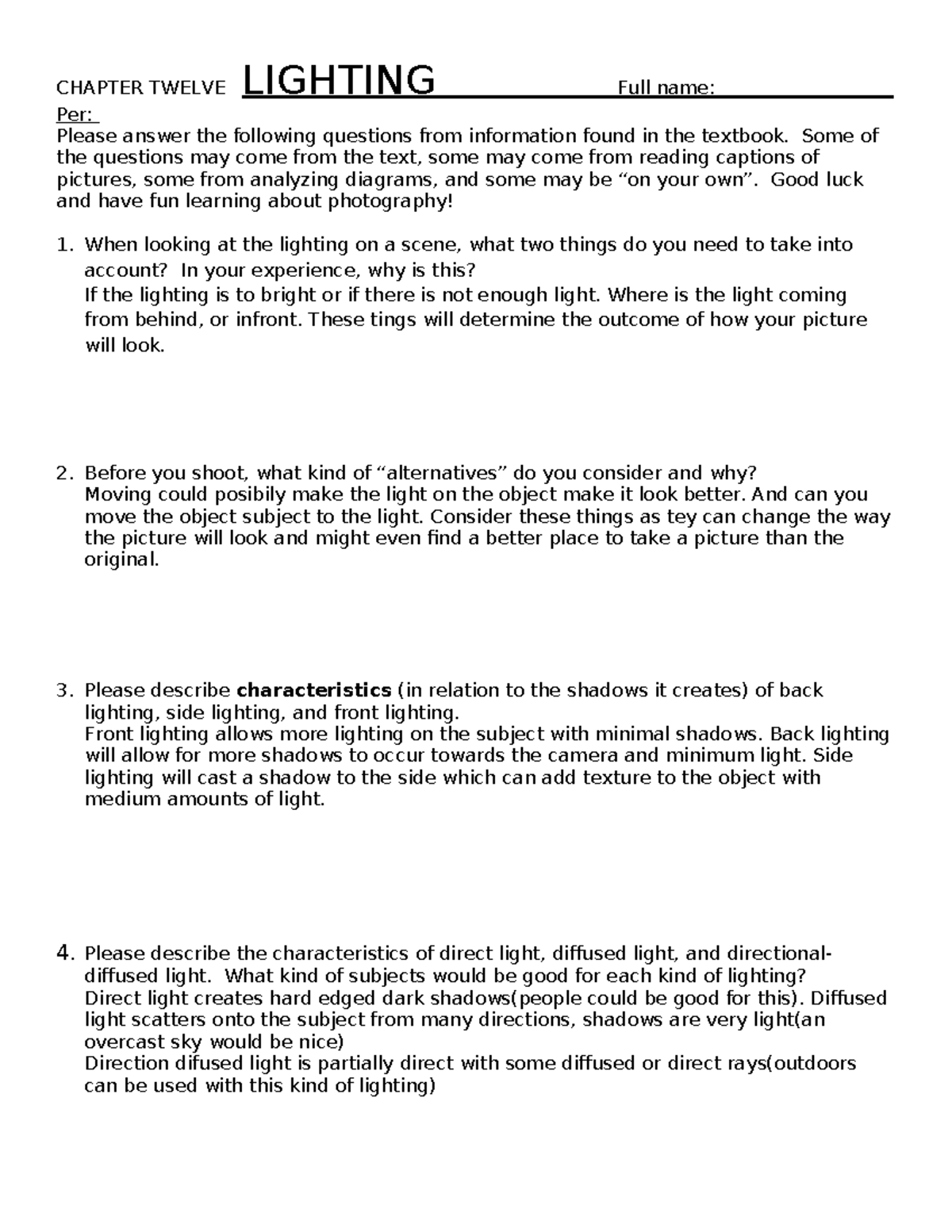Chapter 12 Lighting text questions 2022 - CHAPTER TWELVE LIGHTING Full ...