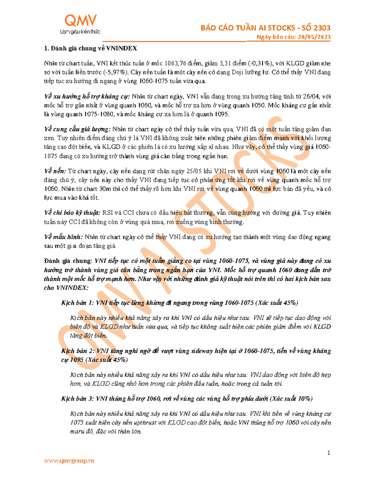 Bao cao AI Stocks so 2303 Tuan 29 - Ng‡y b·o c·o: 28/05/ 1 Đánh giá chung về VNINDEX Nhìn từ ...