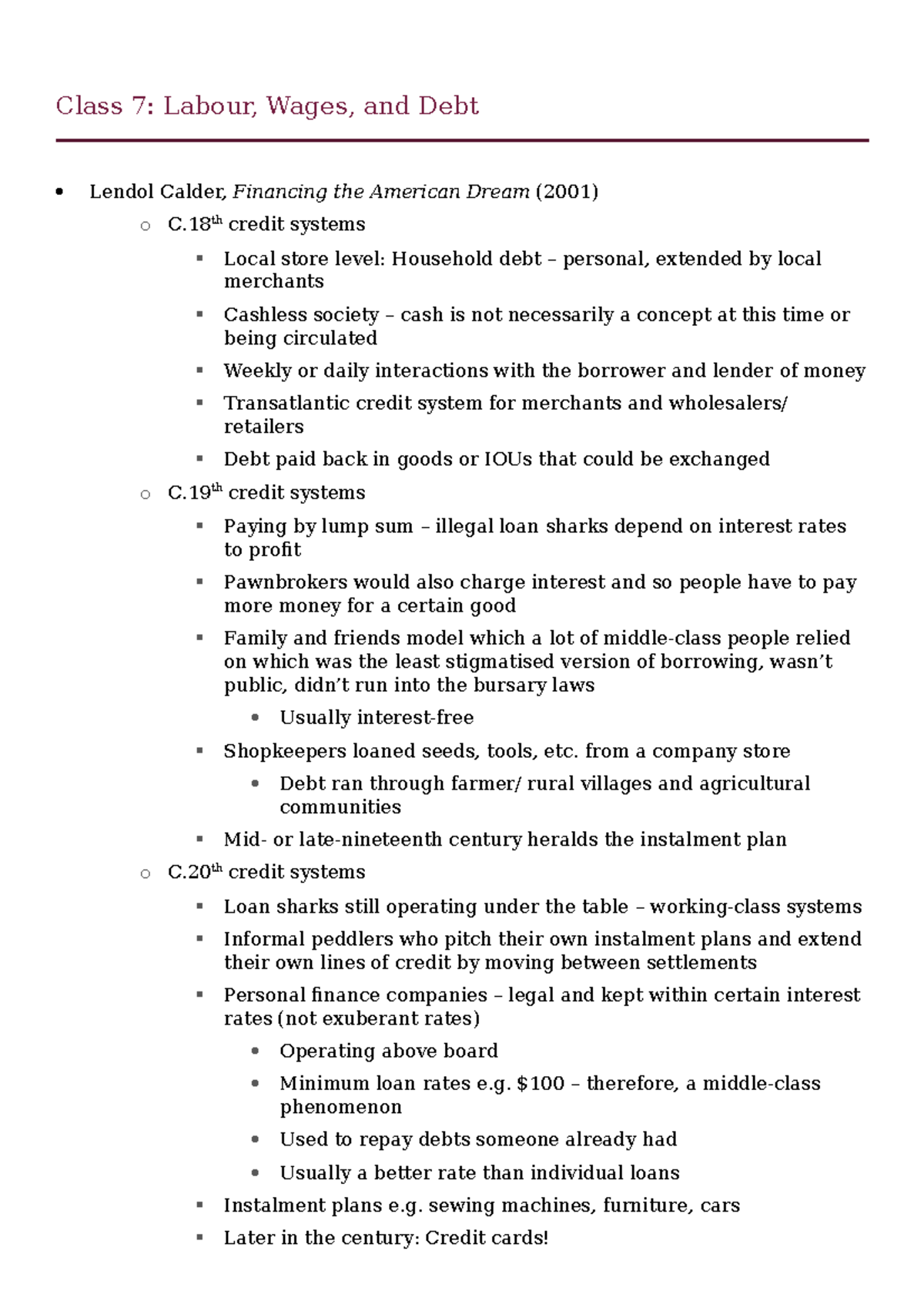 Labor, wages, and debt - Class 7: Labour, Wages, and Debt Lendol Calder ...
