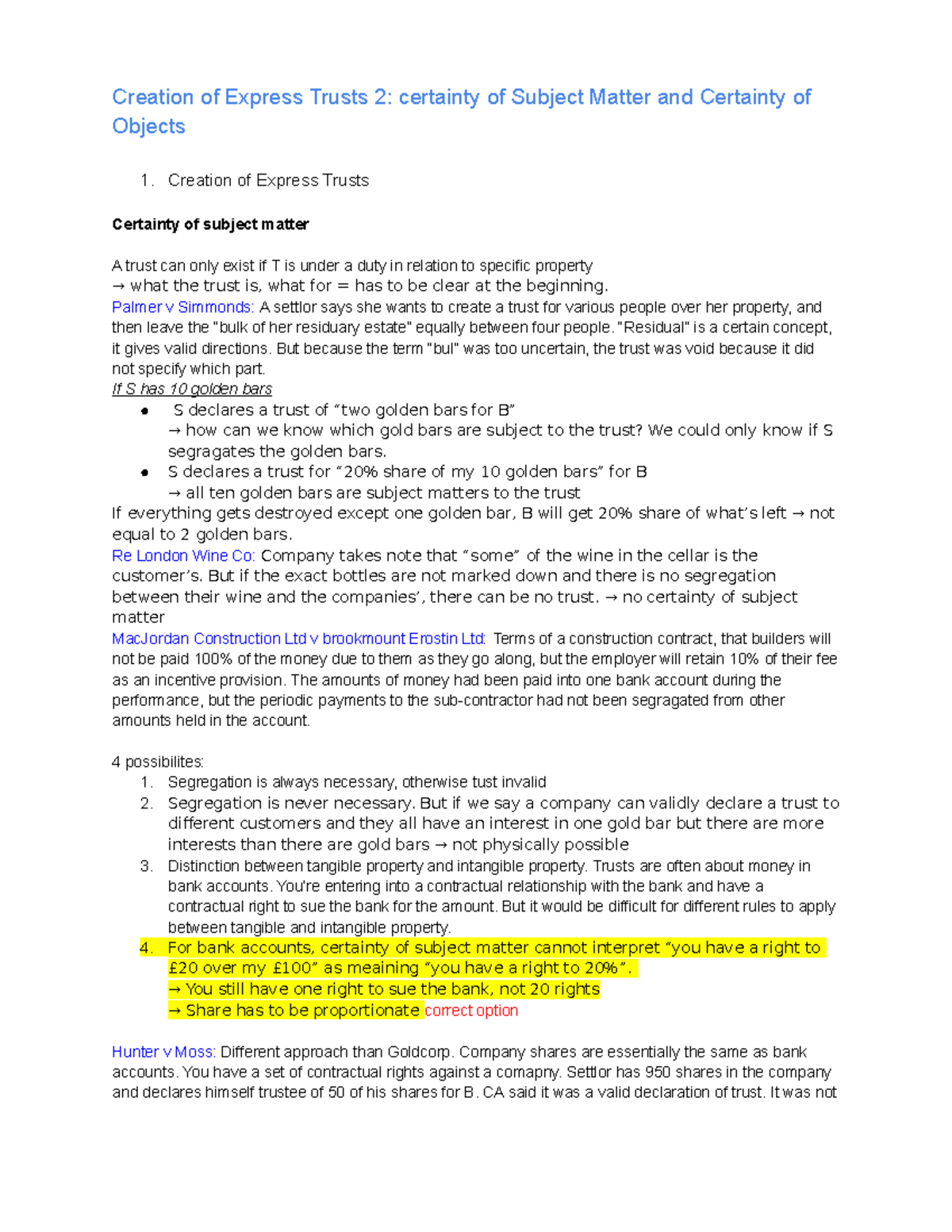 Lecture 2 Trust & Equity - Revisions - Creation of Express Trusts 2: certainty of Subject Matter ...