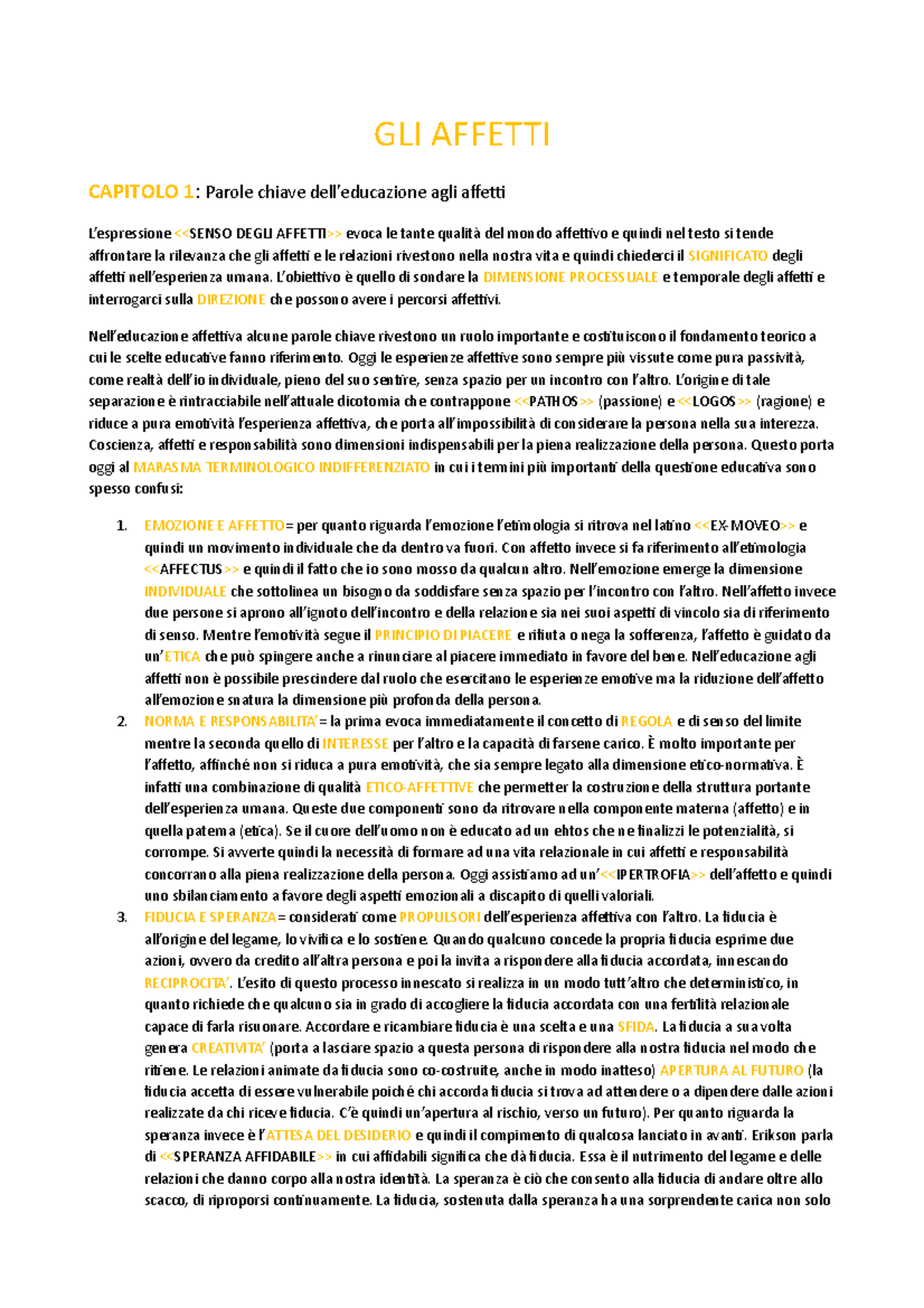 Riassunto GLI Affetti - GLI AFFETTI CAPITOLO 1: Parole chiave dell ...