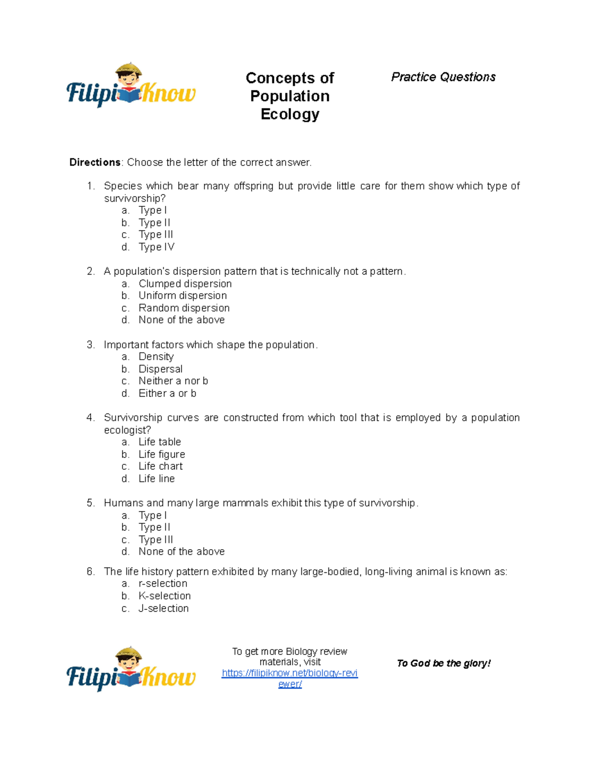 Ecology Questions - Concepts of Population Ecology Practice Questions ...
