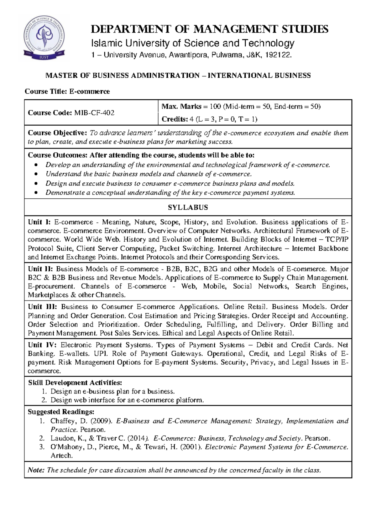 MBA IB Syllabus - Islamic University of Science and Technology 1 ...