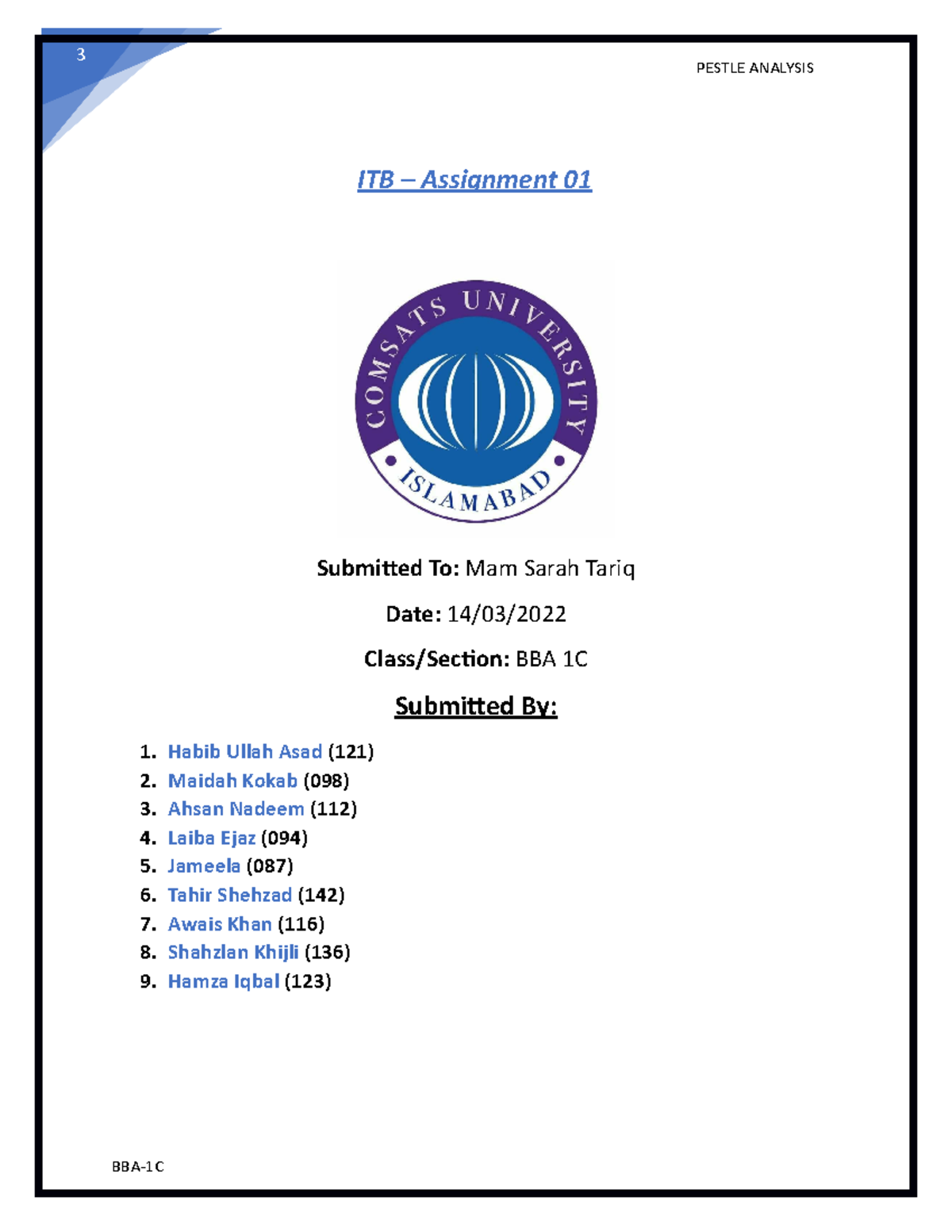 ITB Assignment 01 - Pestle Analysis (Group) - PESTLE ANALYSIS ITB – Assignment 01 Submitted To ...