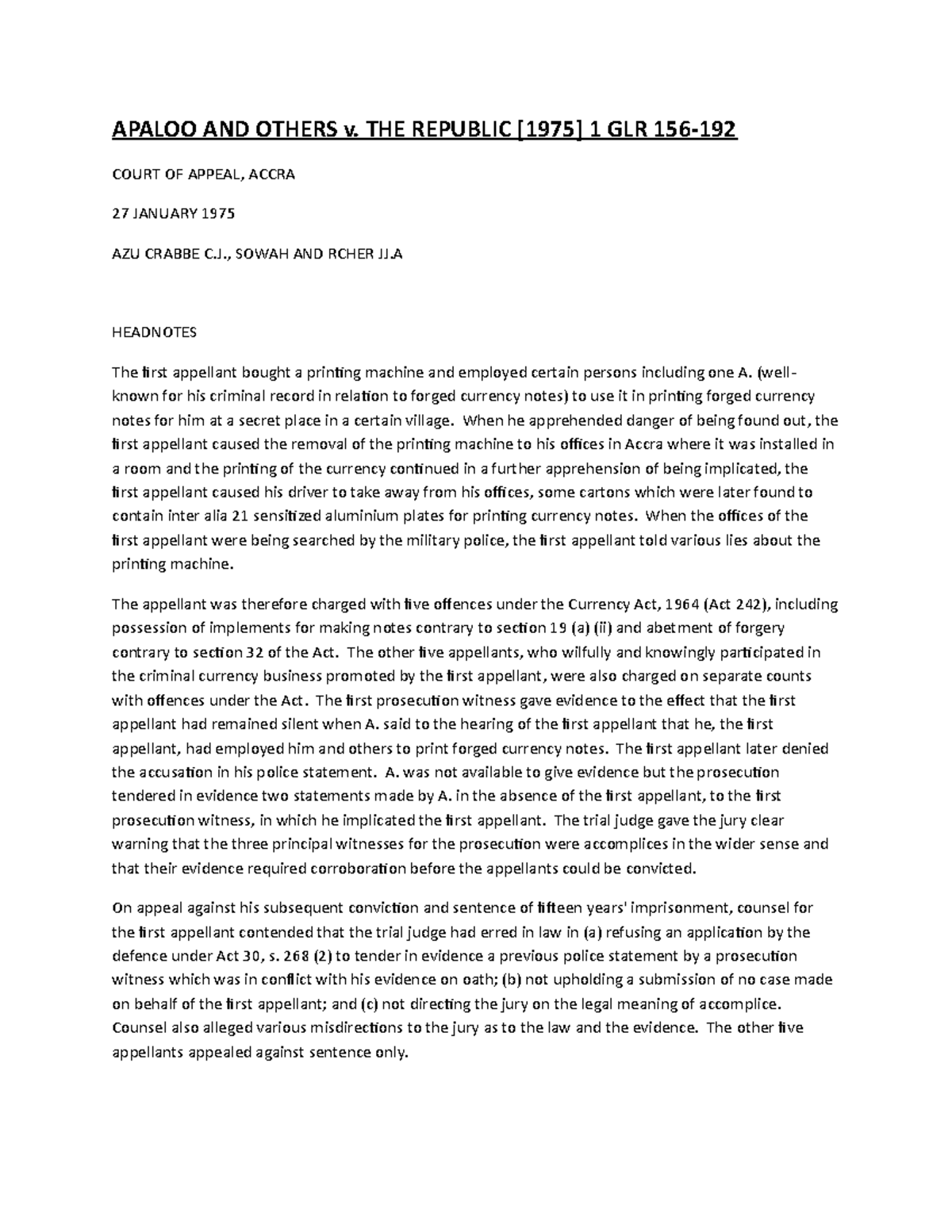 Apaloo AND Others V THE Republic - APALOO AND OTHERS v. THE REPUBLIC ...