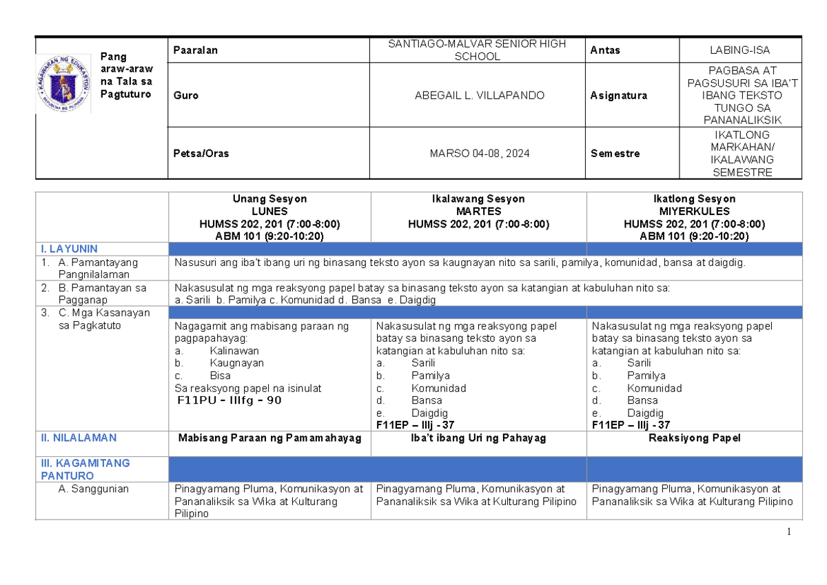 Pagbasa at Pagsusuri DLL Q3 - WEEK 6 - Pang araw-araw na Tala sa ...