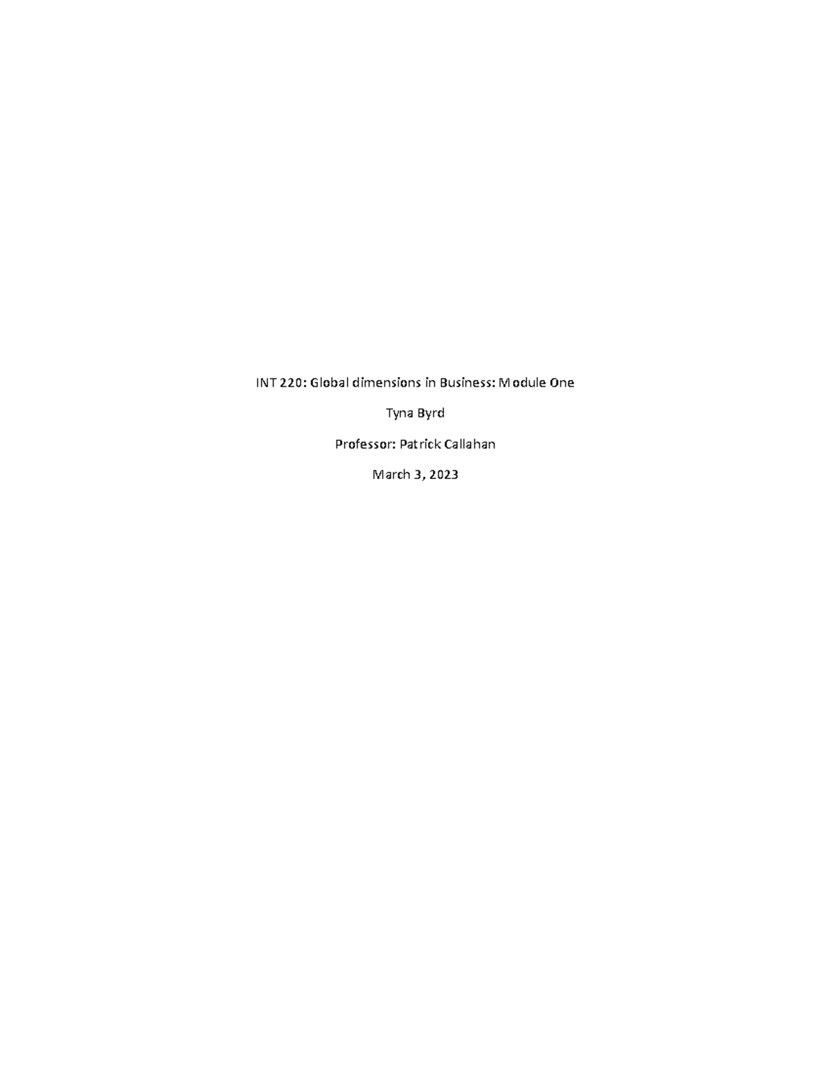 Module One - INT 220: Global dimensions in Business: Module One Tyna ...