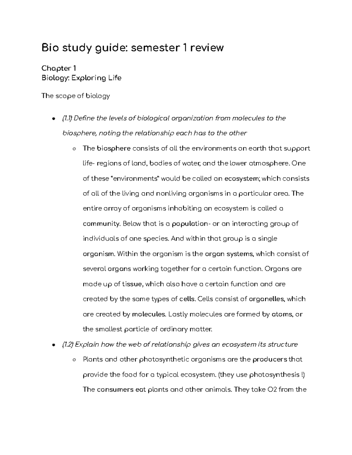 Bio 101 study guide - Bio study guide: semester 1 review Chapter 1 ...