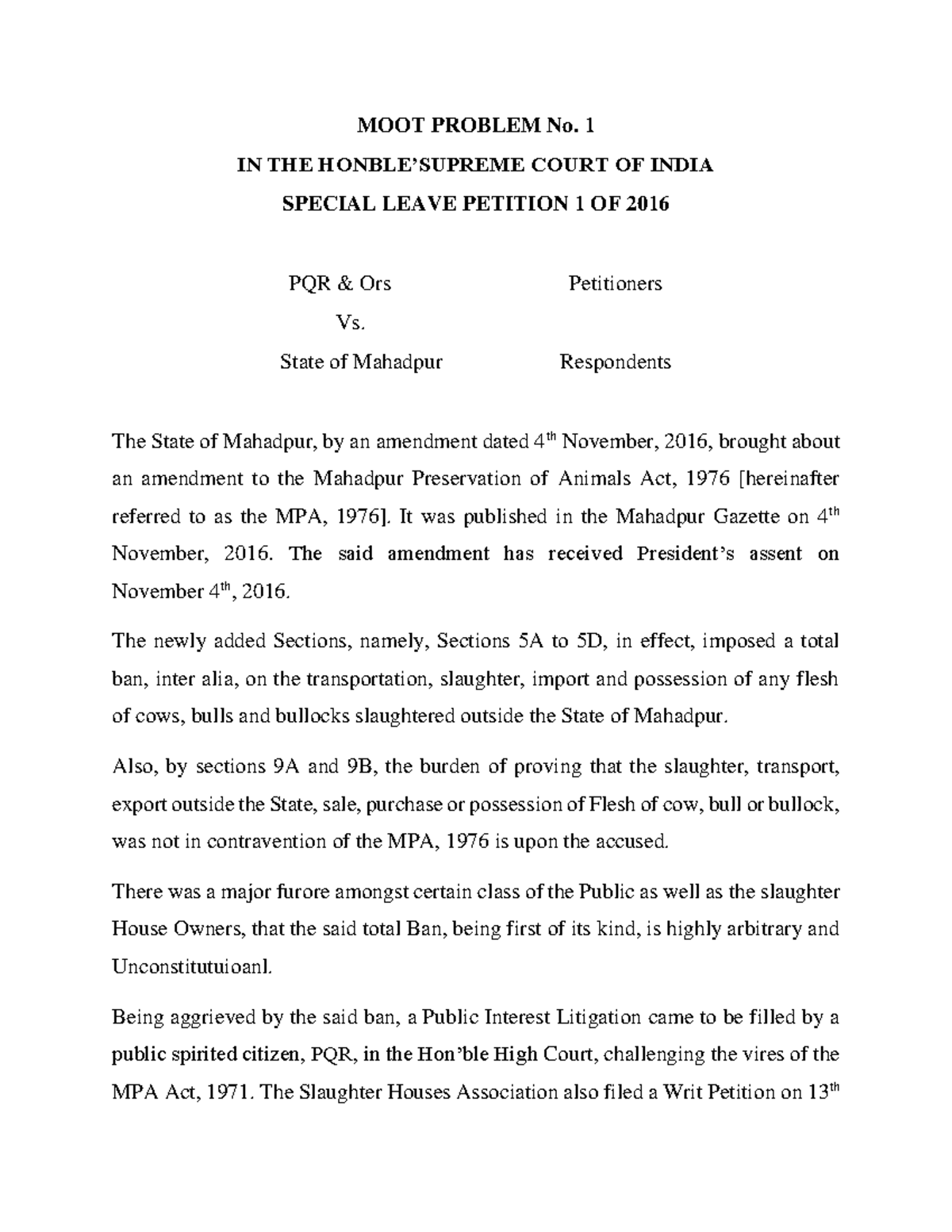 MOOT Problems - MOOT PROBLEM No. 1 IN THE HONBLE’SUPREME COURT OF INDIA ...