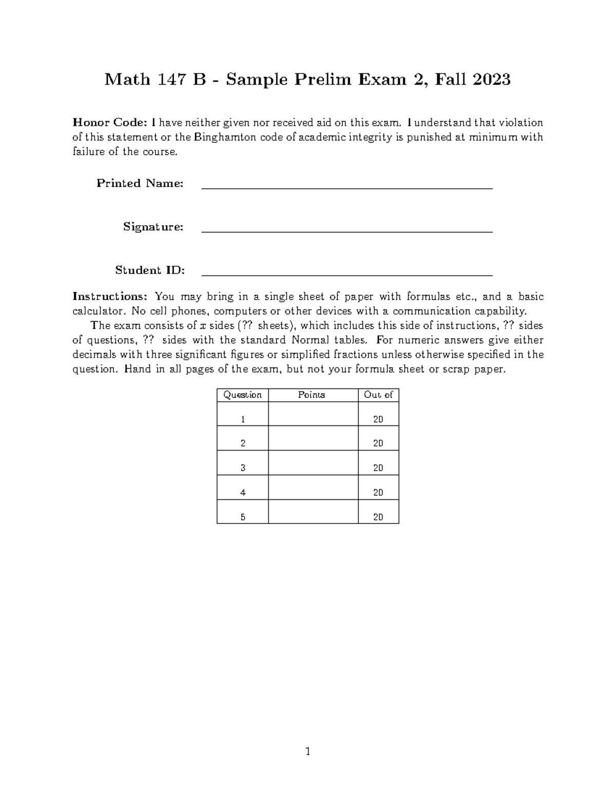 Sample Prelim Exam2 - I understand that violation of this statement or ...