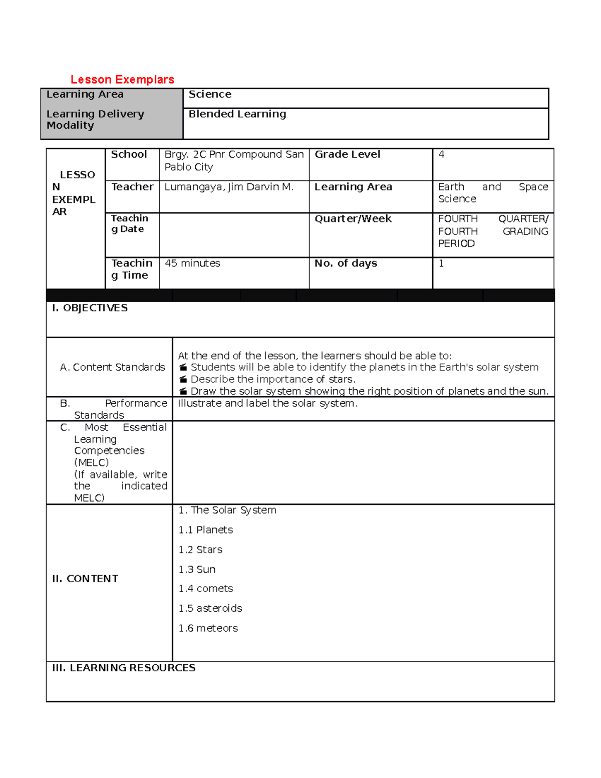 BEED - review - Lesson Exemplars Learning Area Learning Delivery ...