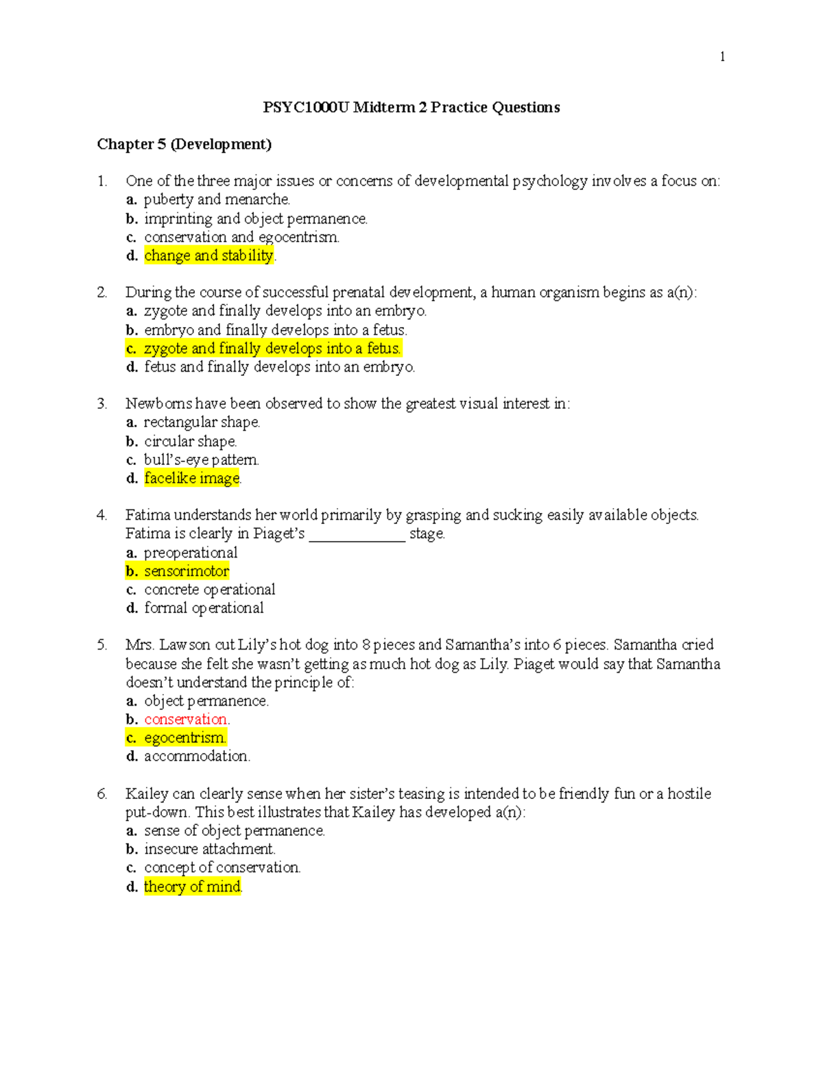 PSYC 1000U Midterm 2 Practice Questions - psyc1010 - Yorku - Studocu