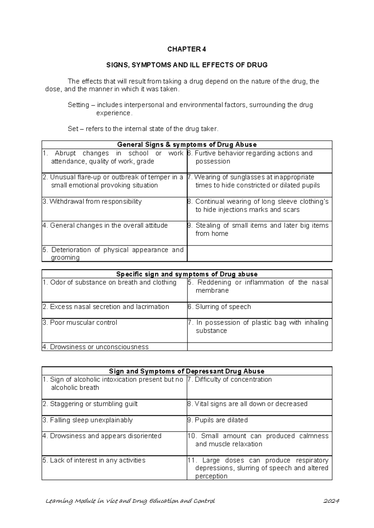 Chapter 4 and 5 Vice Drugs - CHAPTER 4 SIGNS, SYMPTOMS AND ILL EFFECTS ...