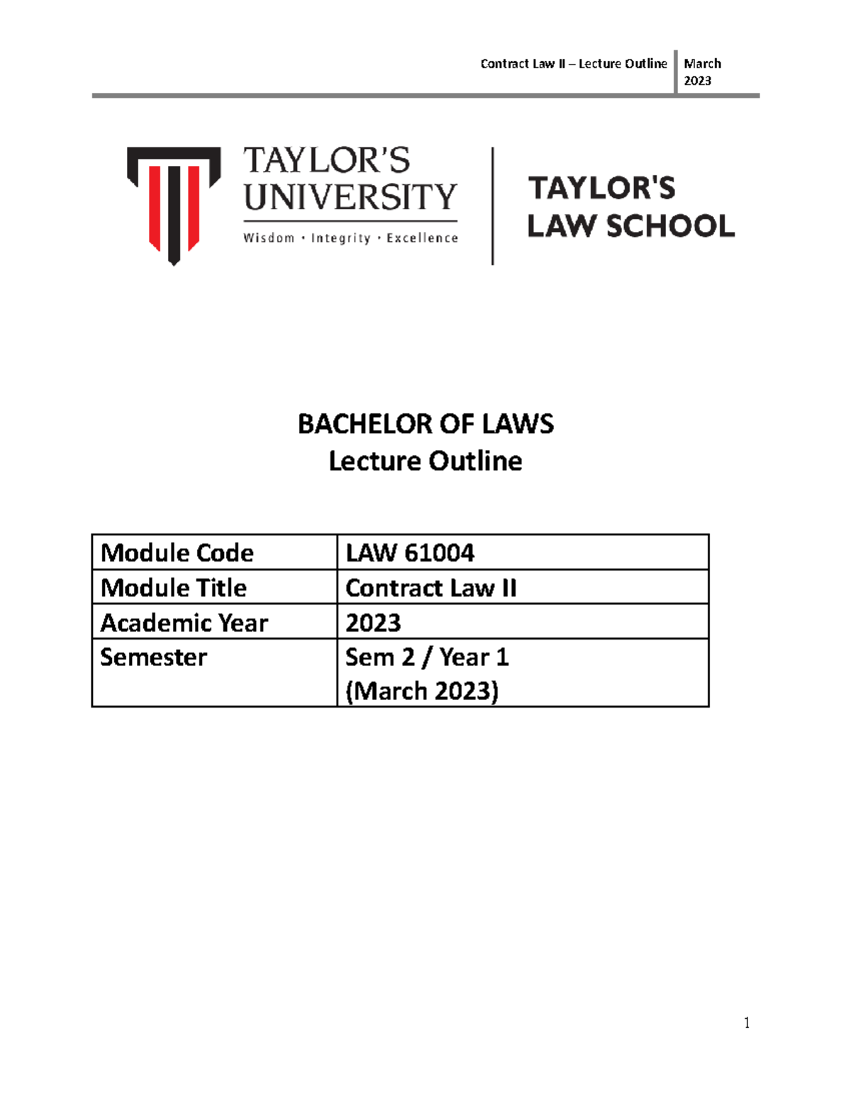 Contract II. Lecture Outline - 2023 BACHELOR OF LAWS Lecture Outline ...