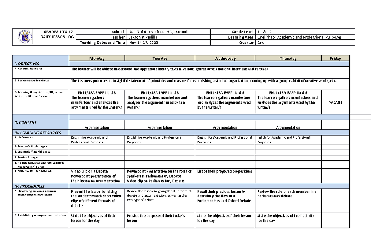DLL EAPP WEEK11 - NOTES - GRADES 1 TO 12 DAILY LESSON LOG School San ...