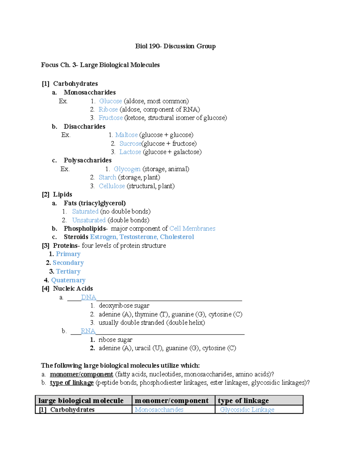 Chapter 3 Worksheet - Biol 190- Discussion Group Focus Ch. 3- Large ...