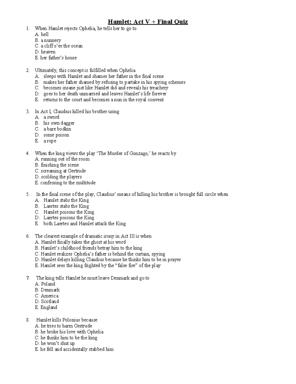 Hamlet Act VFinal Unit Quiz Test MC-1 - Hamlet: Act V + Final Quiz When ...