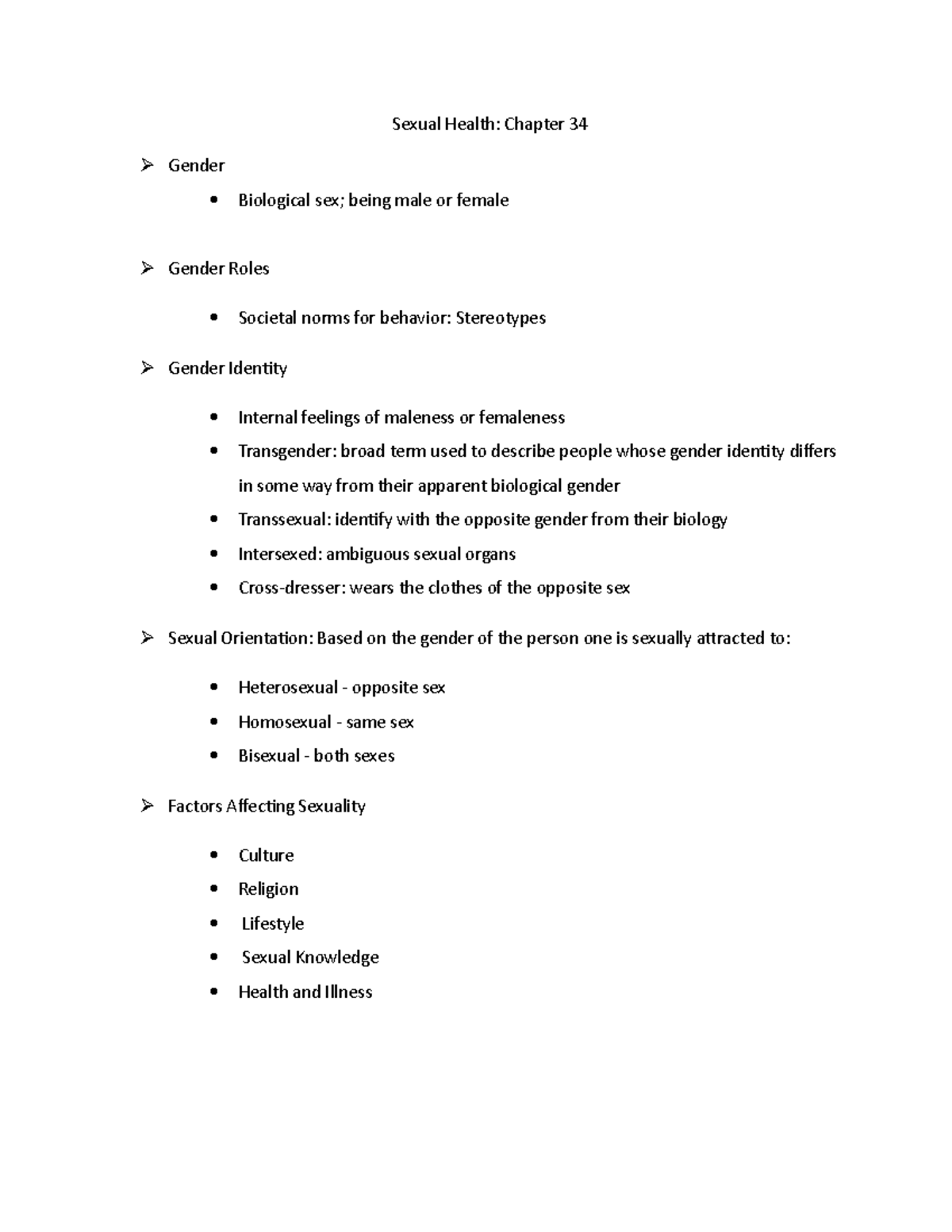 Sexual Health Outline - notes - Sexual Health: Chapter 34 Gender ...