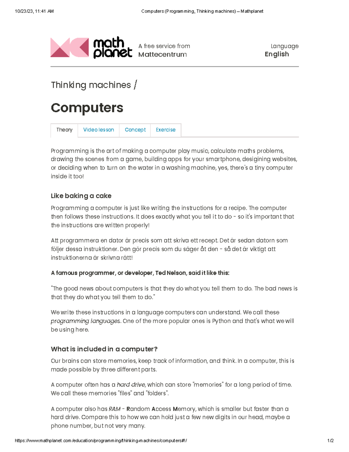 Computers (Programming, Thinking machines) – Mathplanet - 10/23/23, 11:41 AM Computers ...