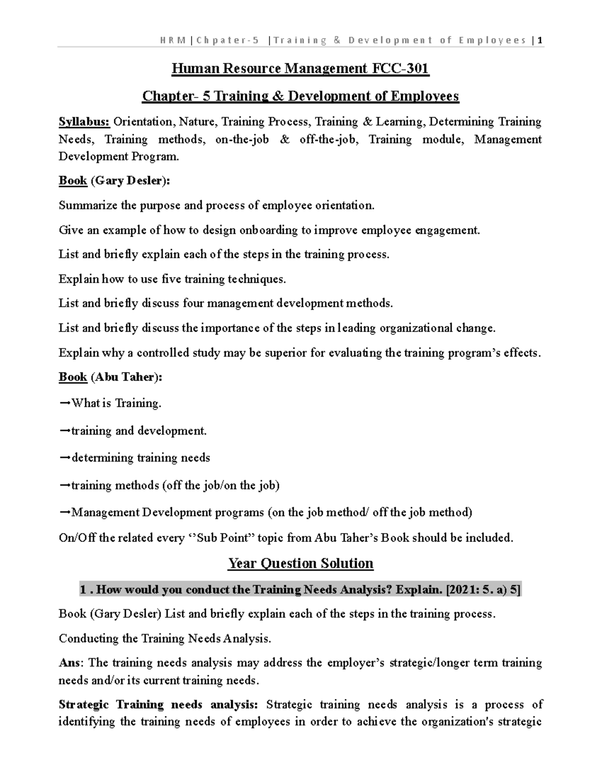 HRM Chapter 5 Training & Development of Employees - Human Resource Management FCC- Chapter- 5 ...