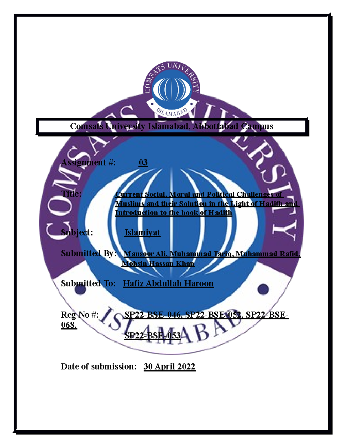 Islamiyat assignment 3 project - Comsats University Islamabad ...