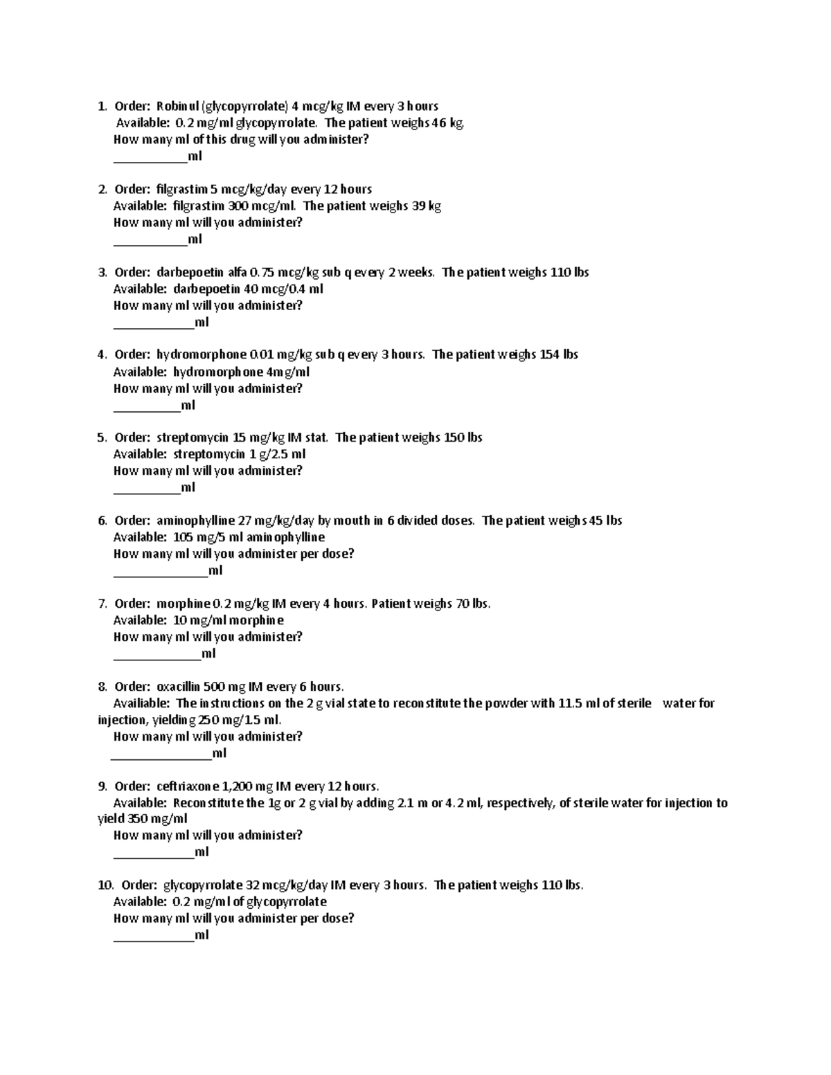 Dosage Calculations Level 1 practice problems 1 - Order: Robinul ...