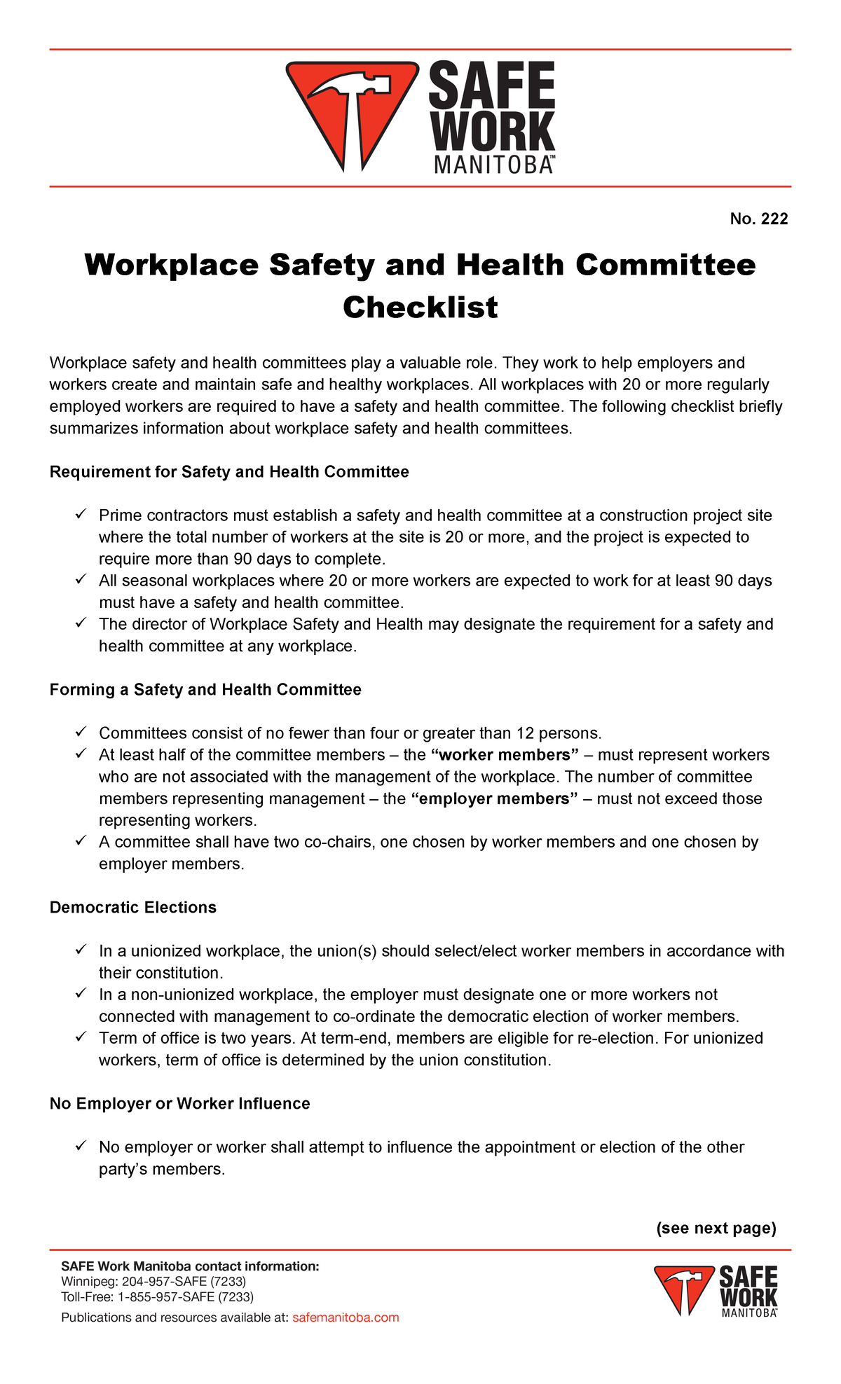 BL222 WSHCommittee Checklist 19SWMB - No. 222 (see next page) Workplace ...
