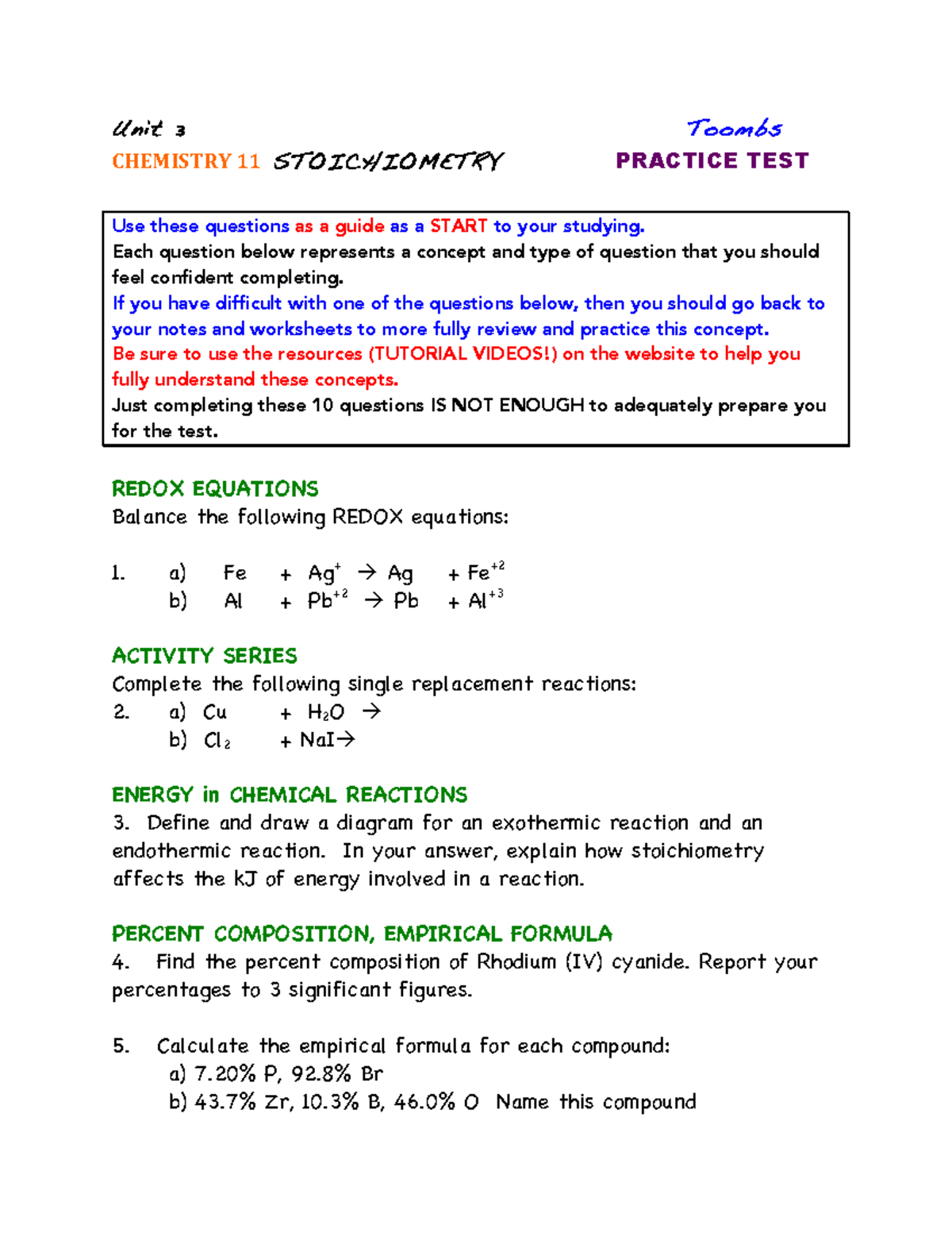 Unit 3 Chem 11 practice test 2017 2hw20mg - Unit 3 Toombs CHEMISTRY 11 ...