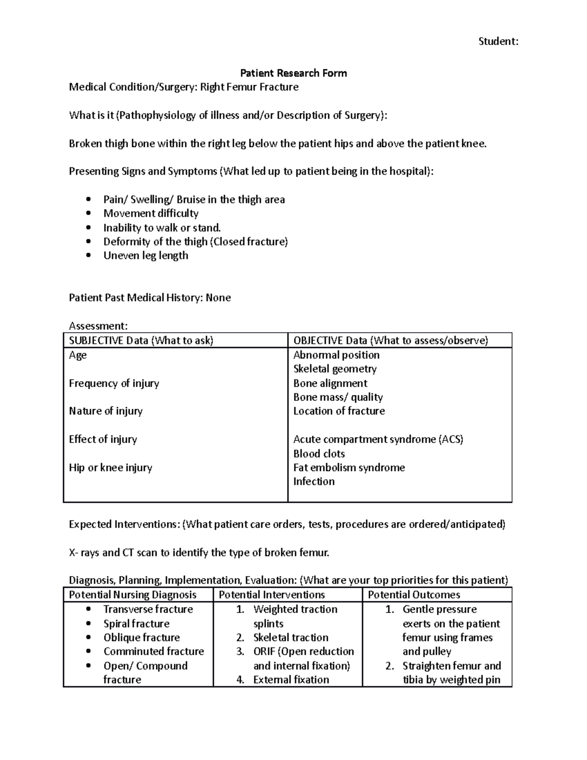 Patient Research Form - Student: Patient Research Form Medical ...
