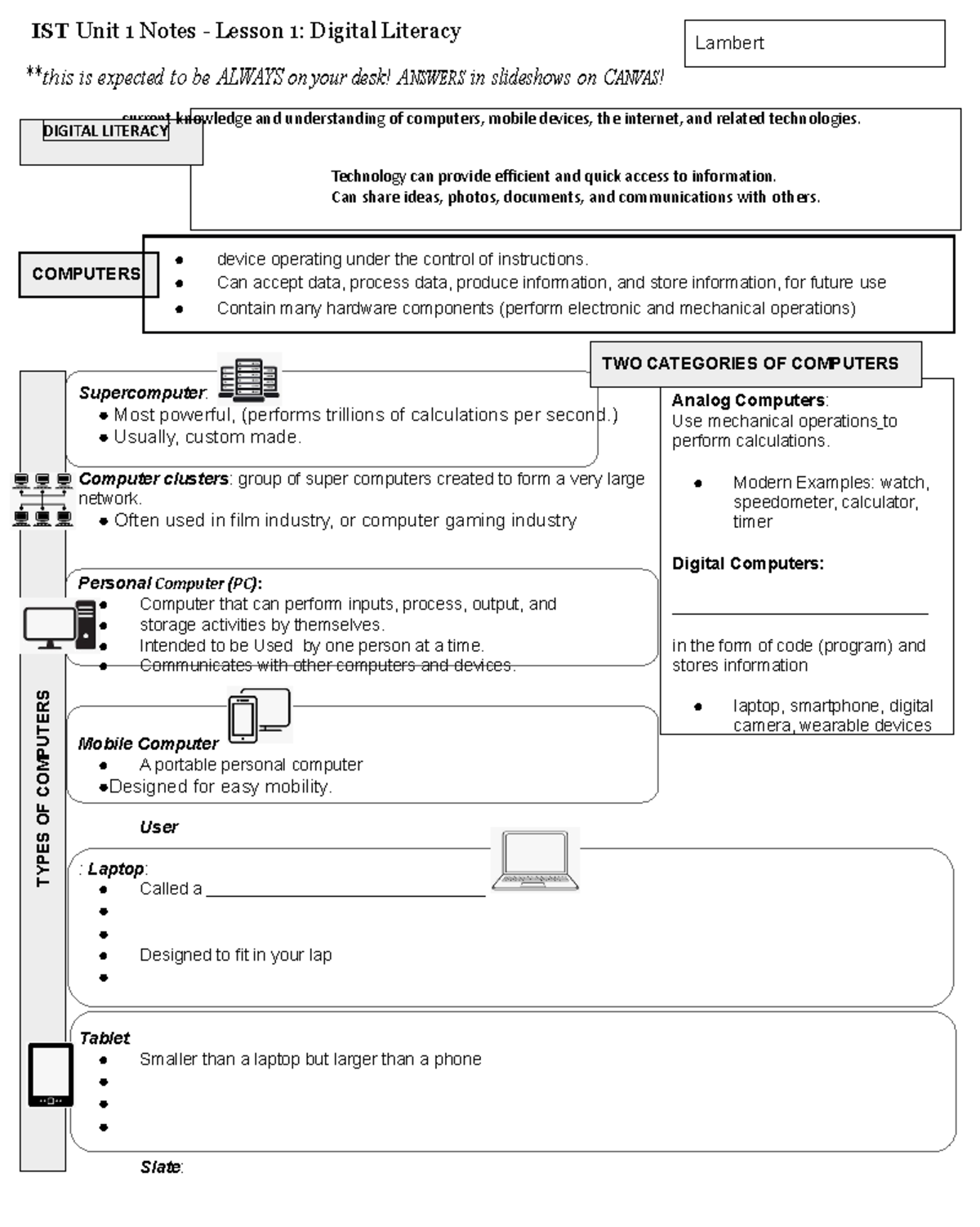 Unit 1 - Lesson 1 Fill In Blank Notes 2022 - Digital Literacy & Types ...