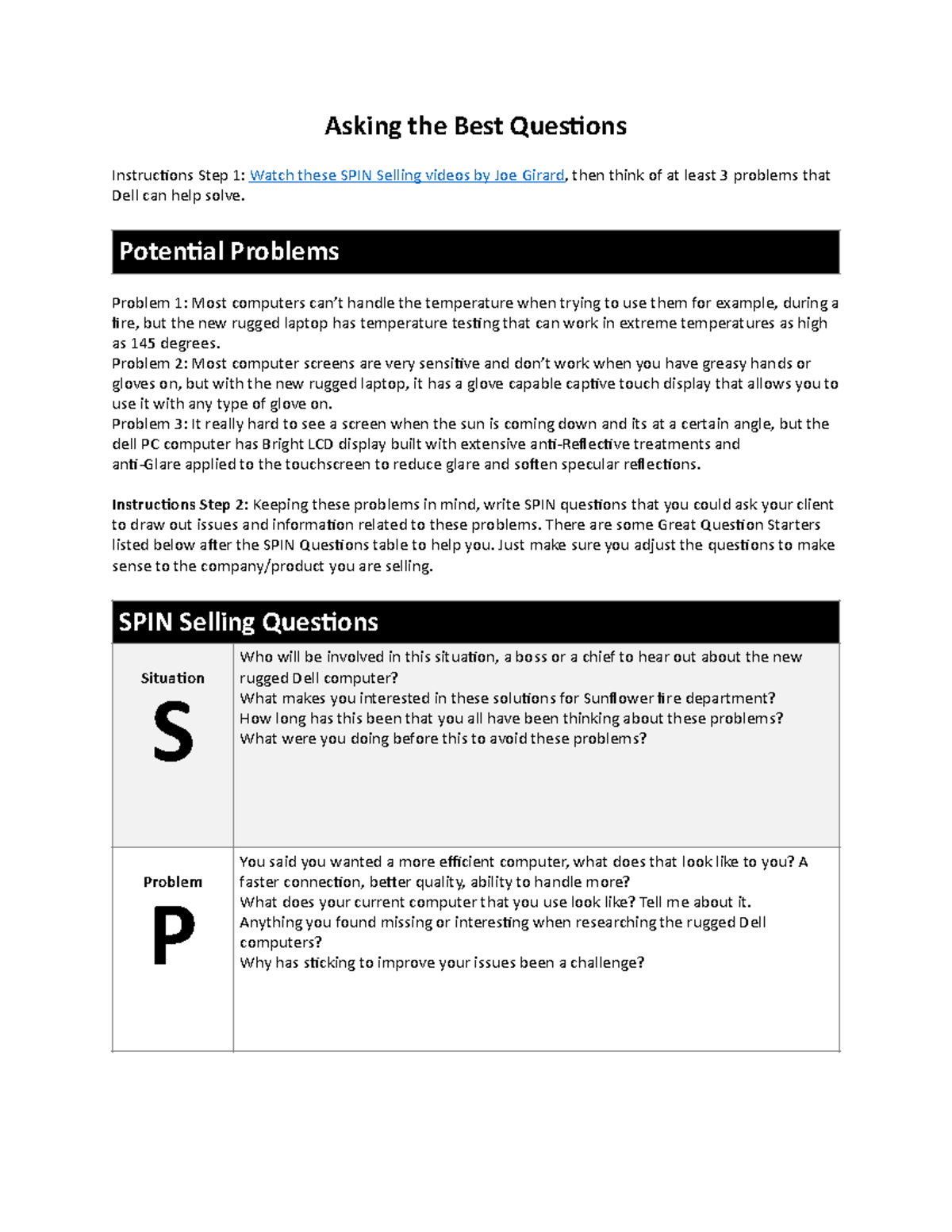 Worksheet 3 Discovery Questions - Asking the Best Ques Instruc(ons Step ...