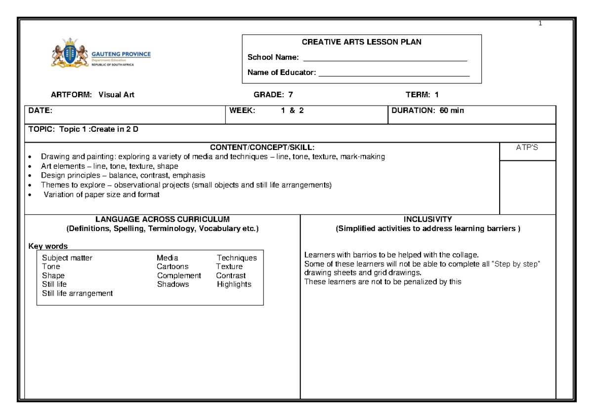 Visual Art Grade 7 Term 1 week 1 to 10-1 - ARTFORM: Visual Art GRADE: 7 ...