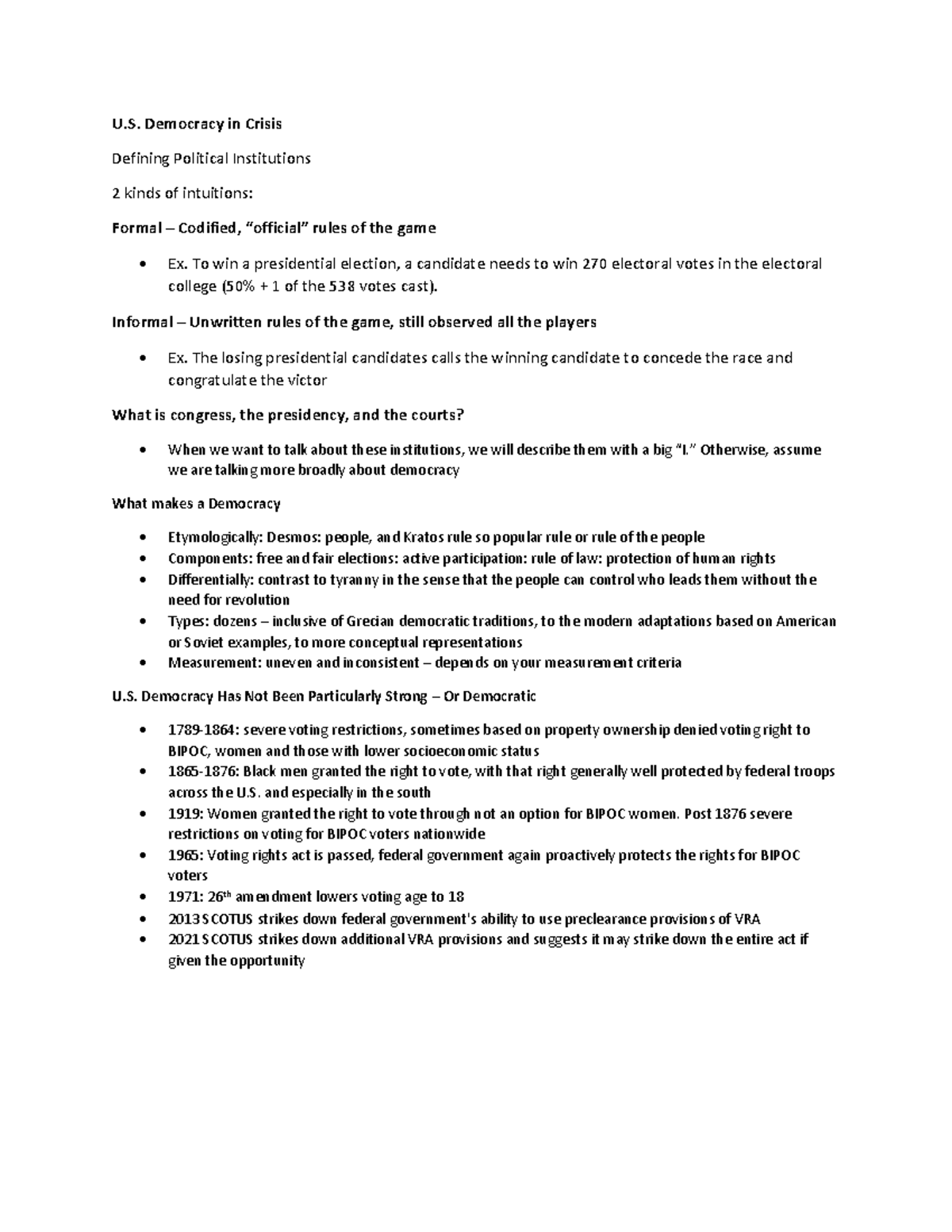 Political Science Notes Week 1 - U. Democracy in Crisis Defining ...