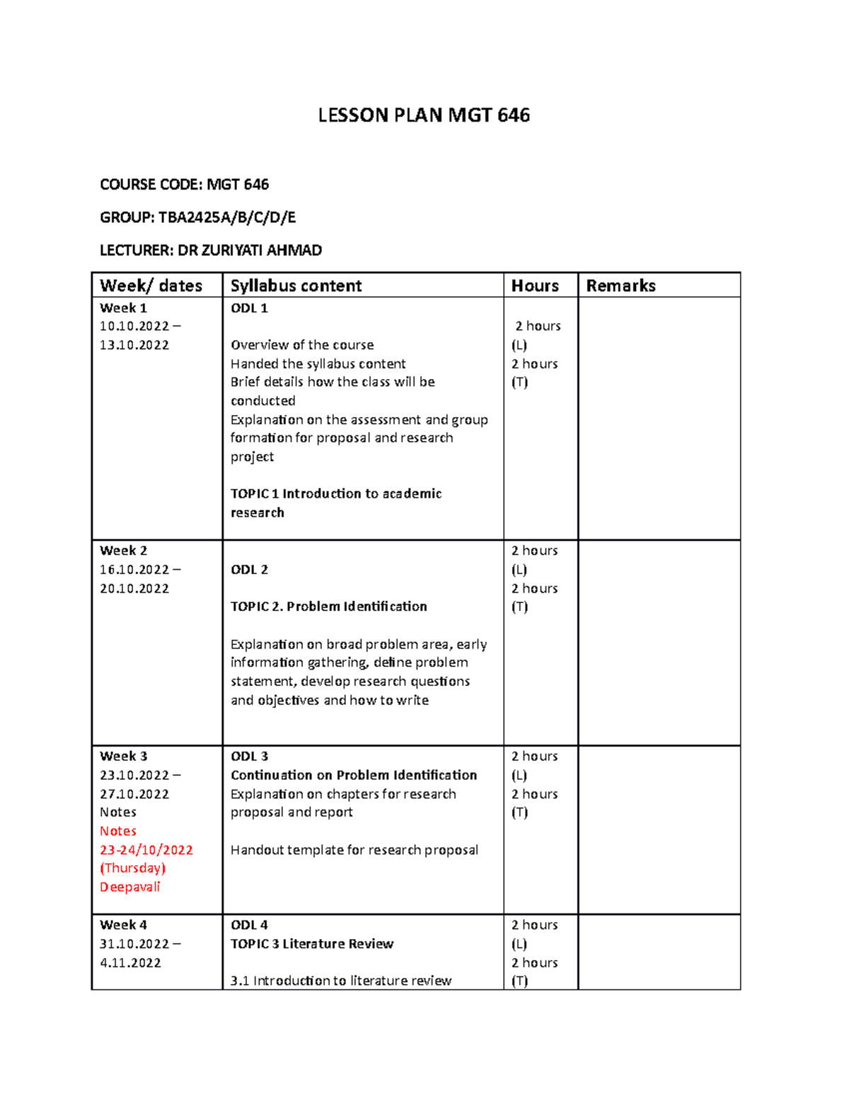 Lesson PLAN MGT 646 OCT 2022 - LESSON PLAN MGT 646 COURSE CODE: MGT 646 ...