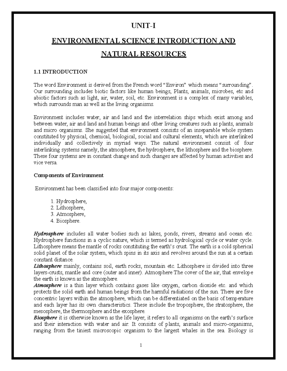 EVS Notes PDF - Xyz - UNIT-I ENVIRONMENTAL SCIENCE INTRODUCTION AND ...