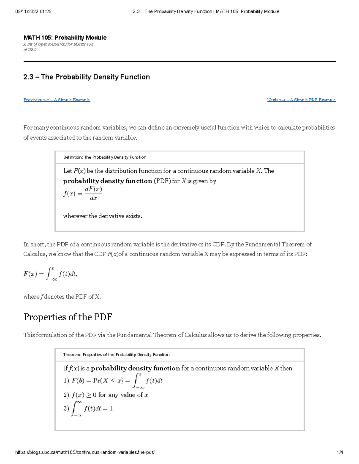 2.3 – The Probability Density Function MATH 105 Probability Module - 02/11/2022 01:25 2 – The ...