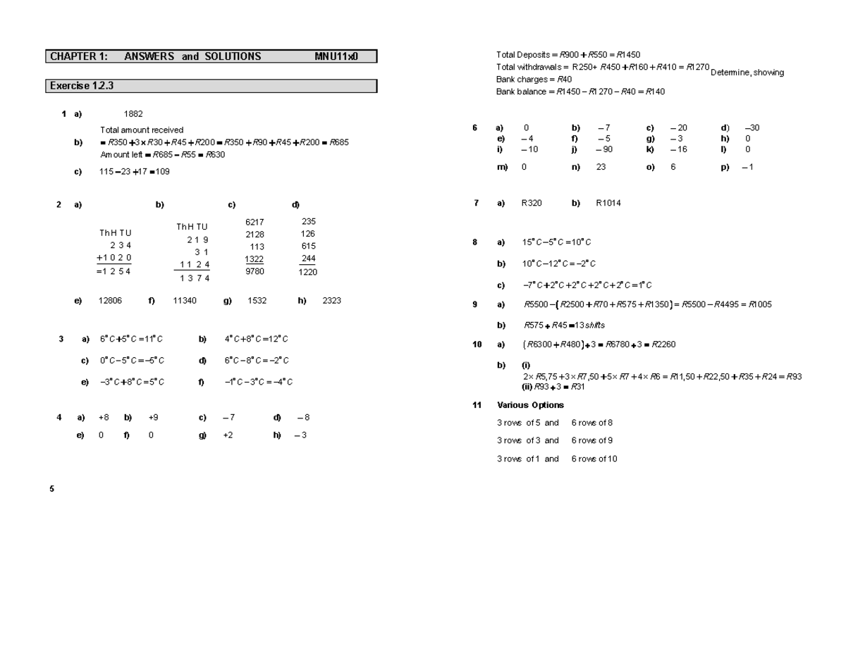 Chapter 1 Answers and Solutions MNU11X0 - CHAPTER 1: ANSWERS and SOLUTIONS MNU11x Exercise 1. 1 ...
