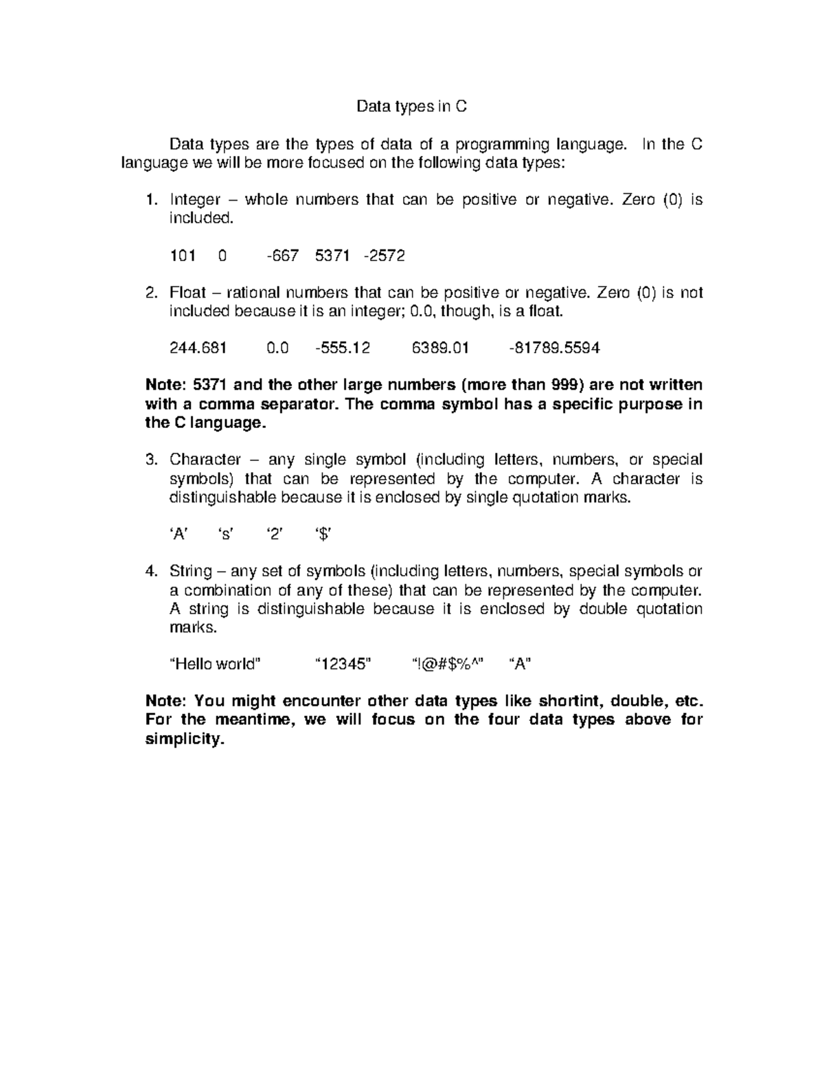 Data Types In Programming Language C C Data Types In C Data Types