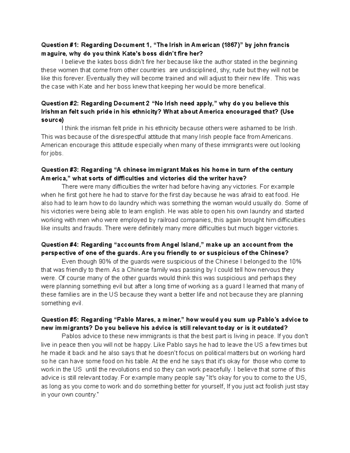 Immigrants - Question #1: Regarding Document 1, “The Irish in American ...