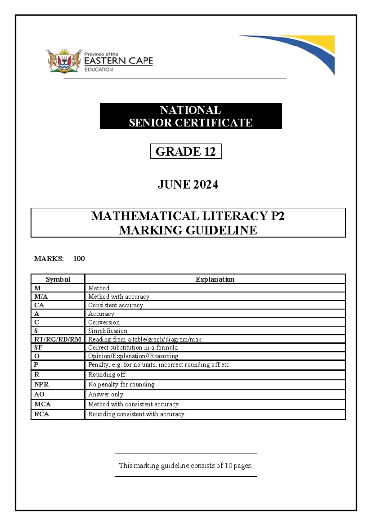 Maths LIT P2 GR12 MEMO JUNE 2024 English - NATIONAL SENIOR CERTIFICATE ...