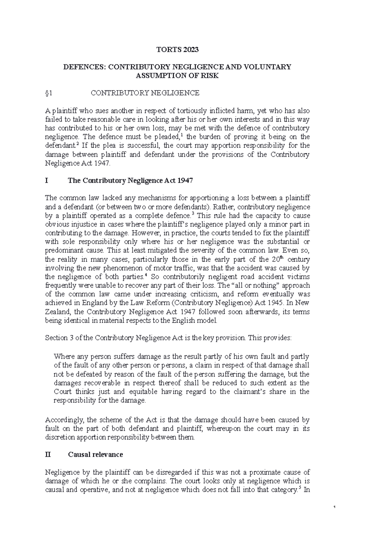 Defences handout - some lecture notes - TORTS 2023 DEFENCES ...