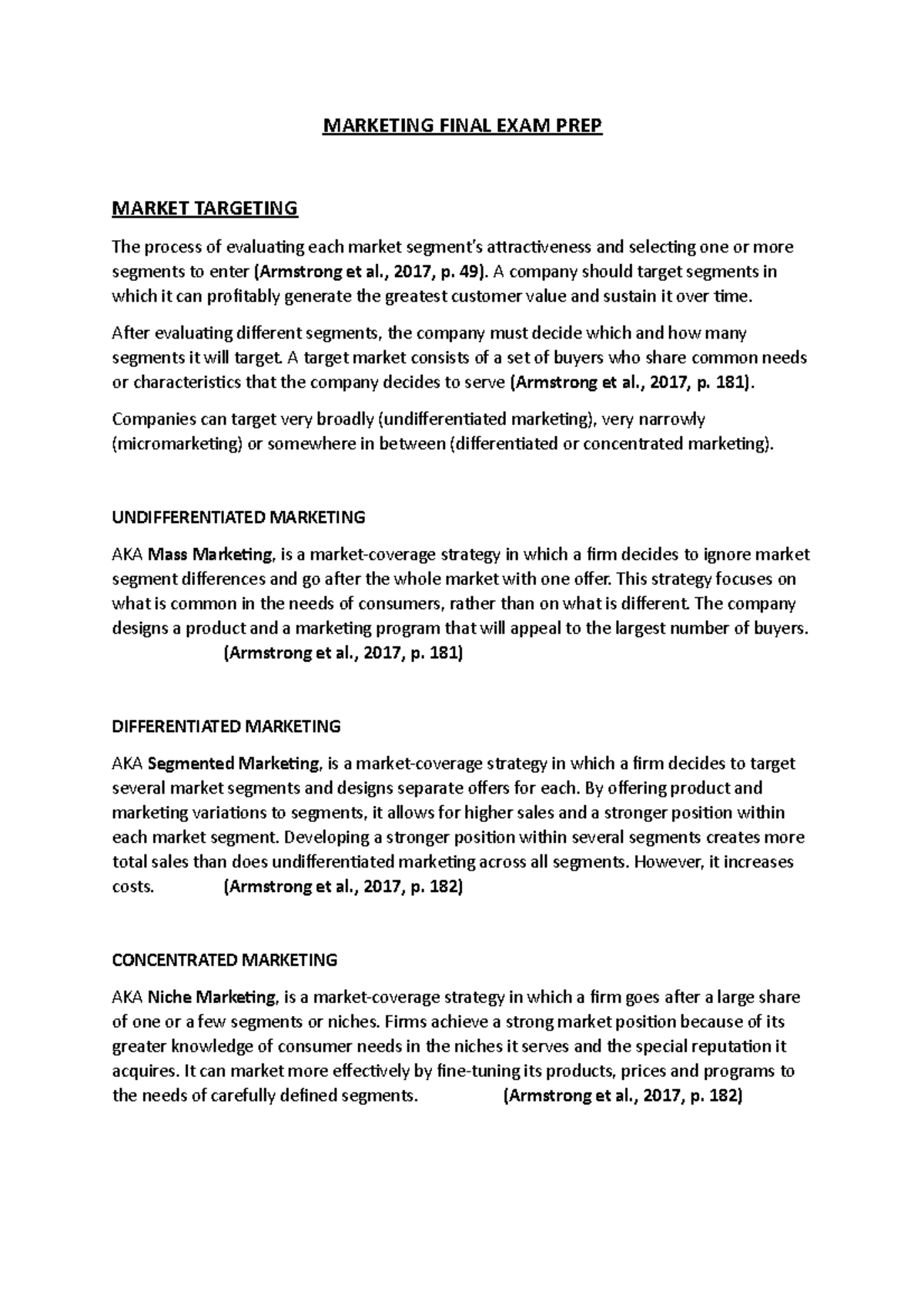 Marketing - Final Exam Prep - MARKETING FINAL EXAM PREP MARKET ...