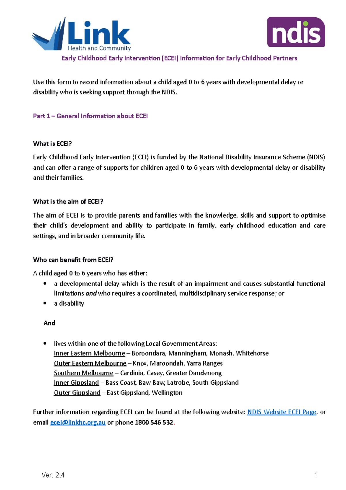 NDIS Referral Form Link Health and Community - Early Childhood Early ...