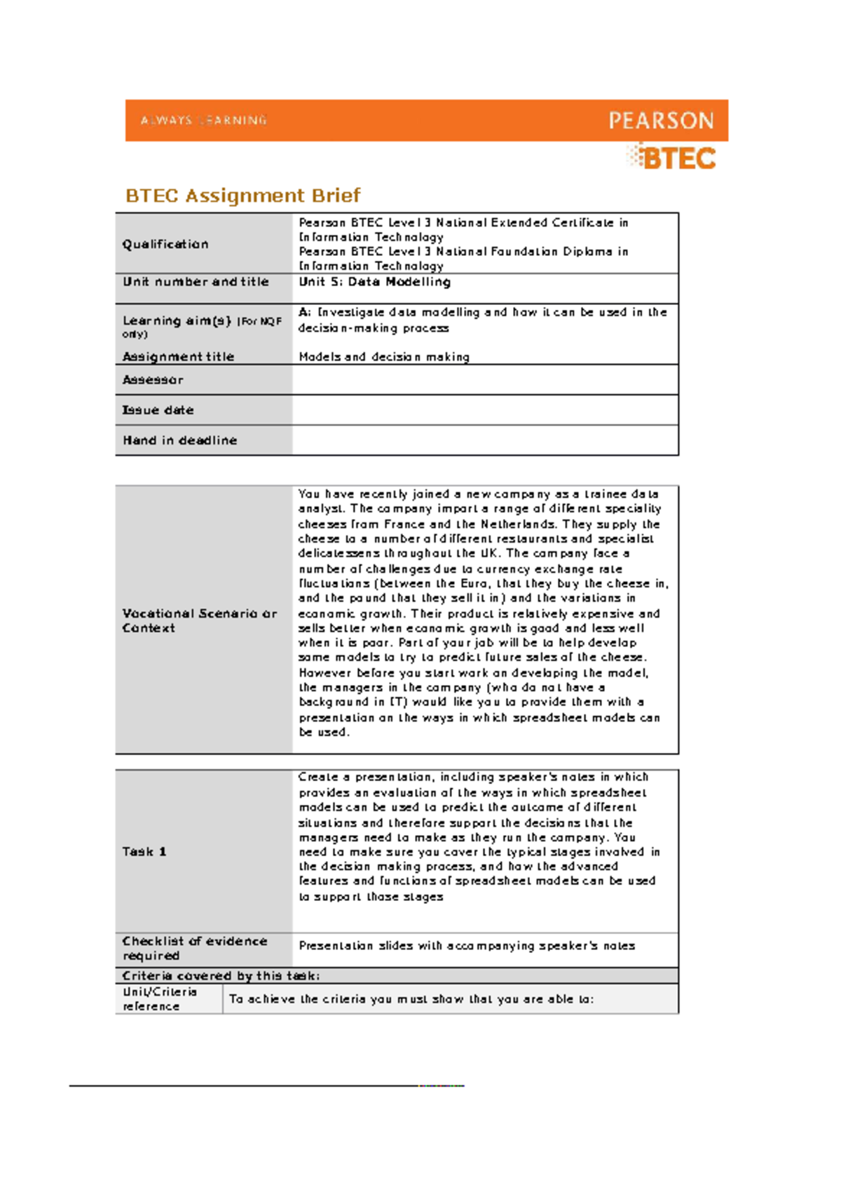 Unit 5 data modeling assignment 1 spec - BTEC Assignment Brief Qualification Pearson BTEC Level ...